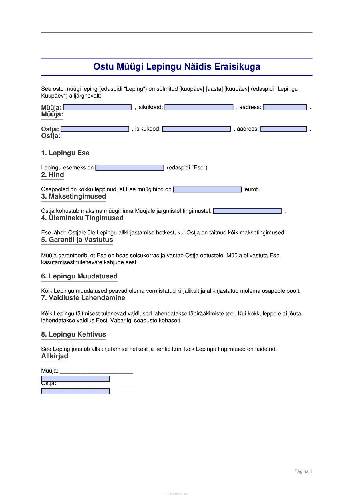 Ostu Müügi Leping Eraisikuga Näidis | WORD ja PDF tasuta